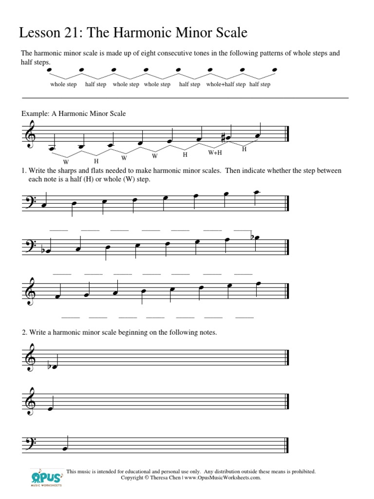Music Theory Worksheet 21 Harmonic Minor Scale | PDF