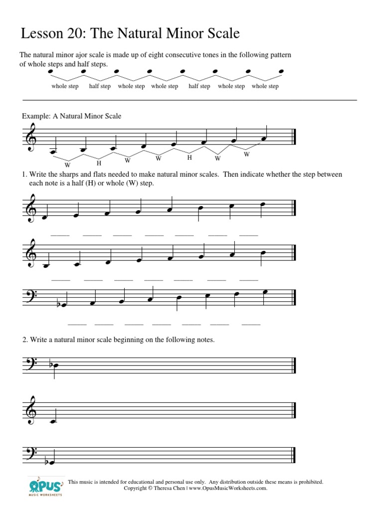 Music Theory Worksheet 20 Natural Minor Scale | PDF