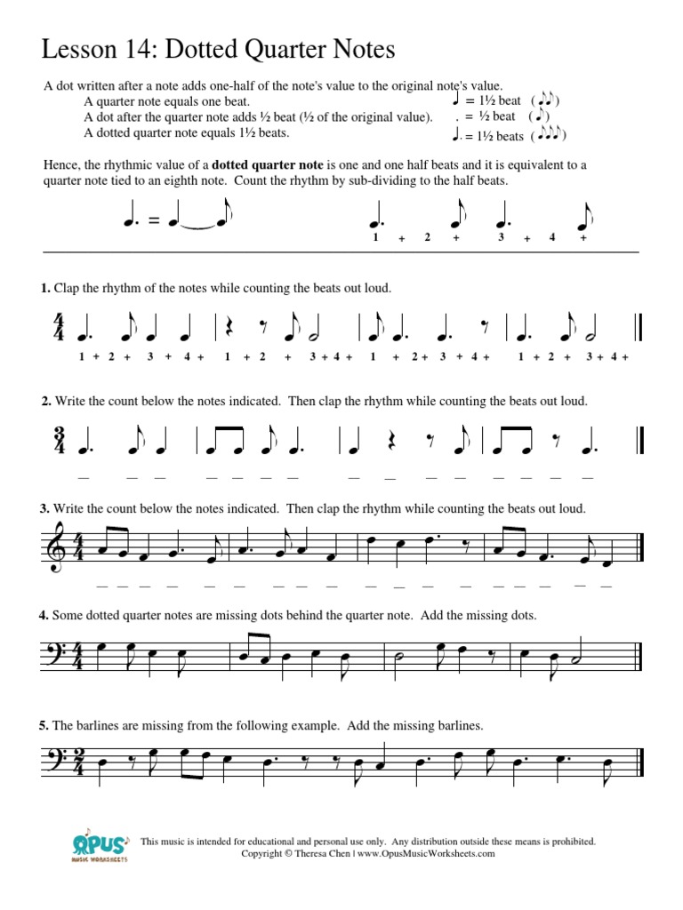 Music Theory Worksheet 14 Dotted Quarter Notes PDF | PDF | Rhythm ...