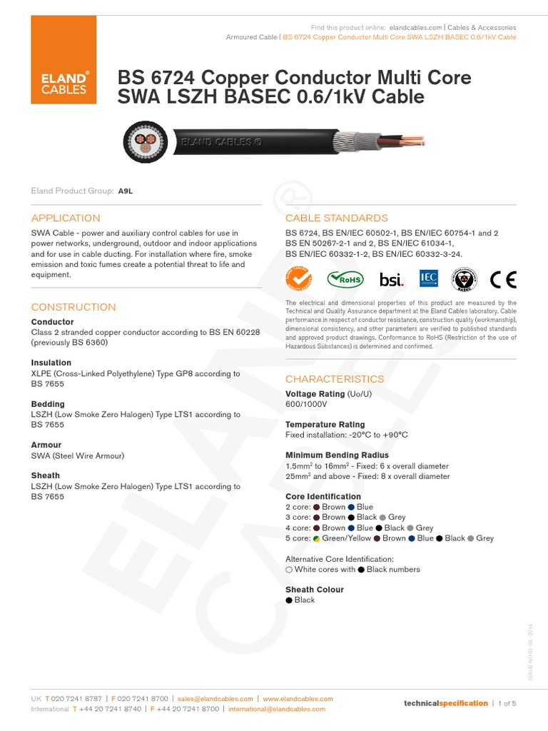 Specification Sheet for BS 6724 Copper Conductor Multi Core SWA LSZH ...