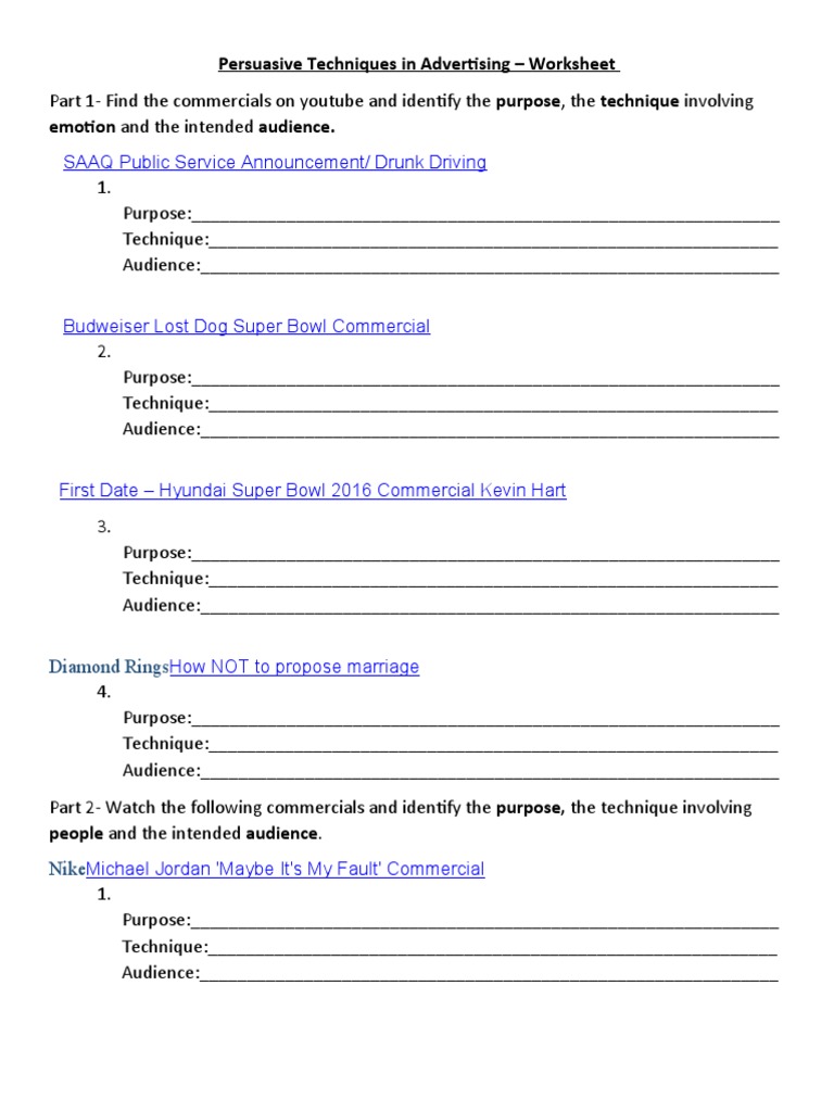 Work Sheet Persuasive Techniques in Advertising | PDF | Media ...
