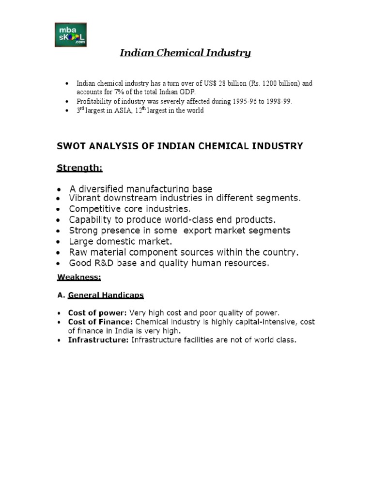 SWOT Analysis of Indian Chemical Industry - 122398326 | PDF