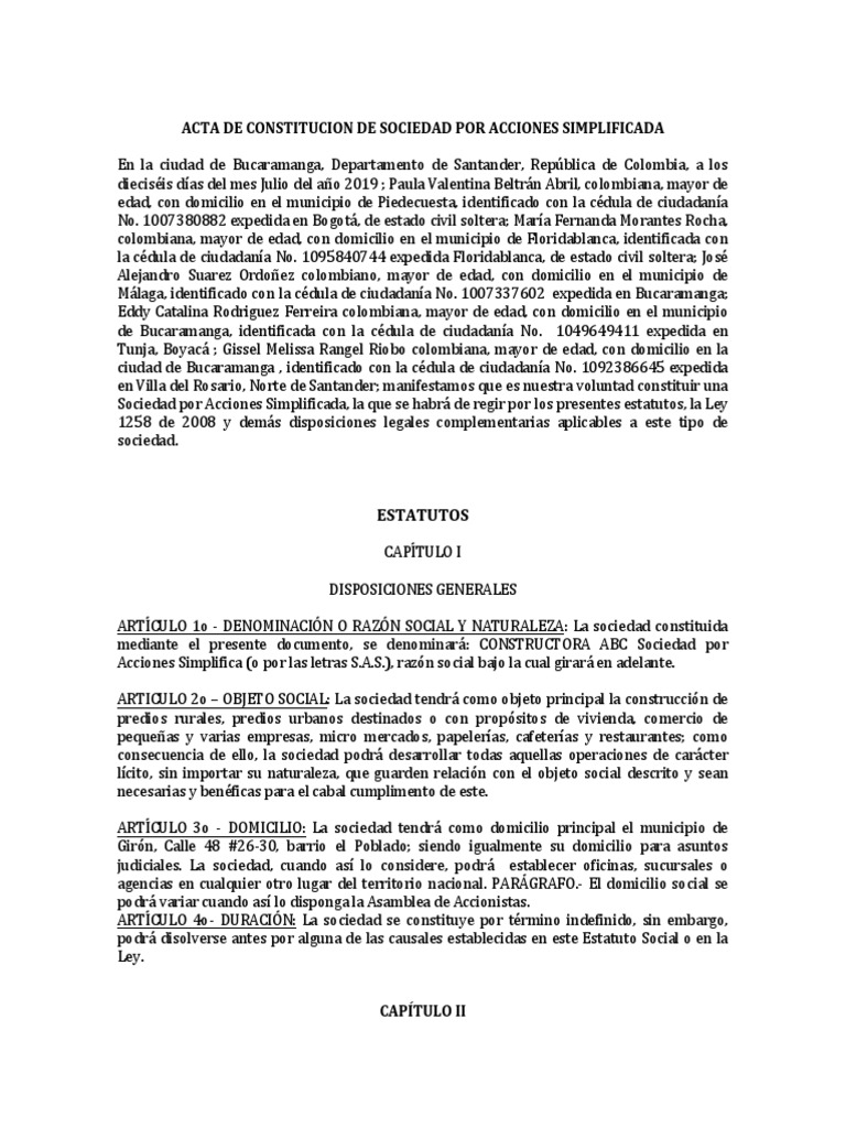 Acta Constitucion de La Sociedad | PDF | Compartir (Finanzas) | Sociedad de responsabilidad limitada
