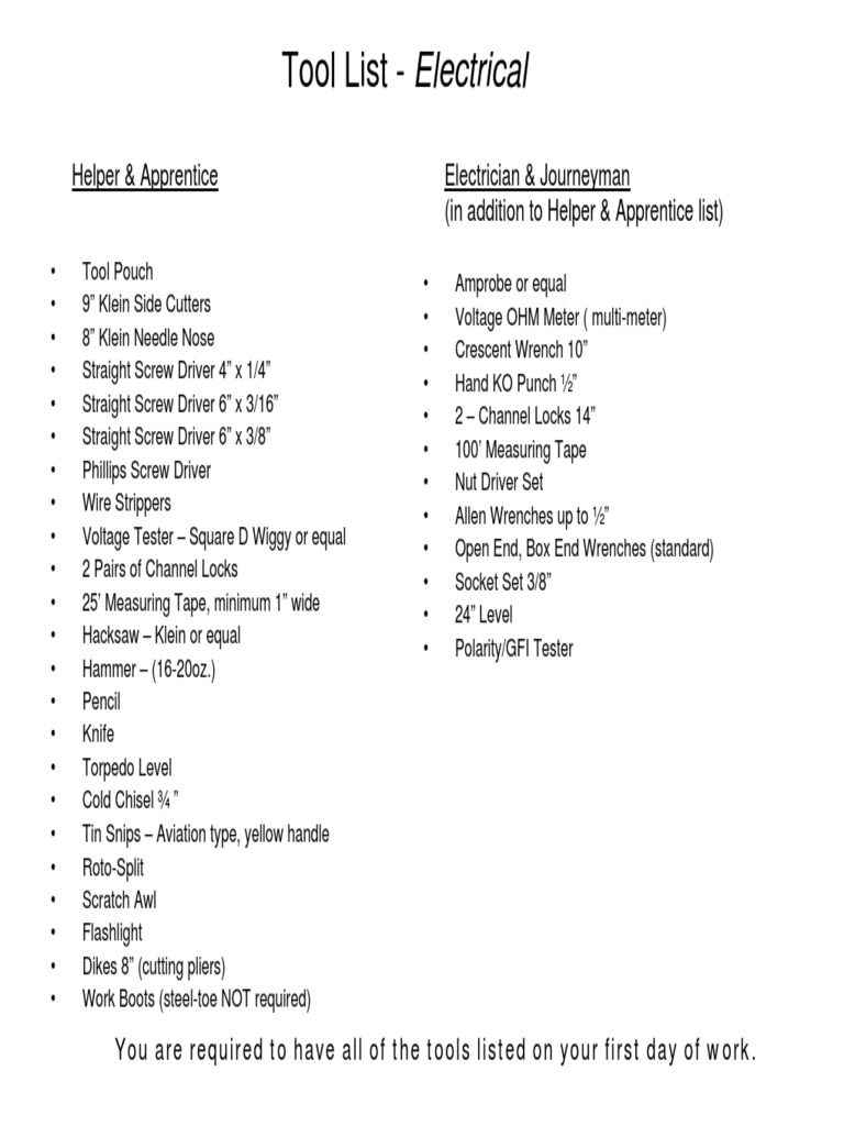 Tool List - Electrical: Helper & Apprentice Electrician & Journeyman ...