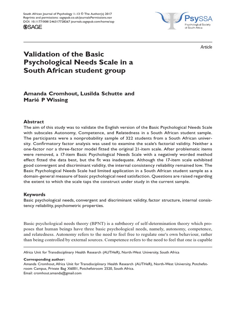 Validation of The Basic Psychological Needs Scale in A South African Student Group | PDF ...