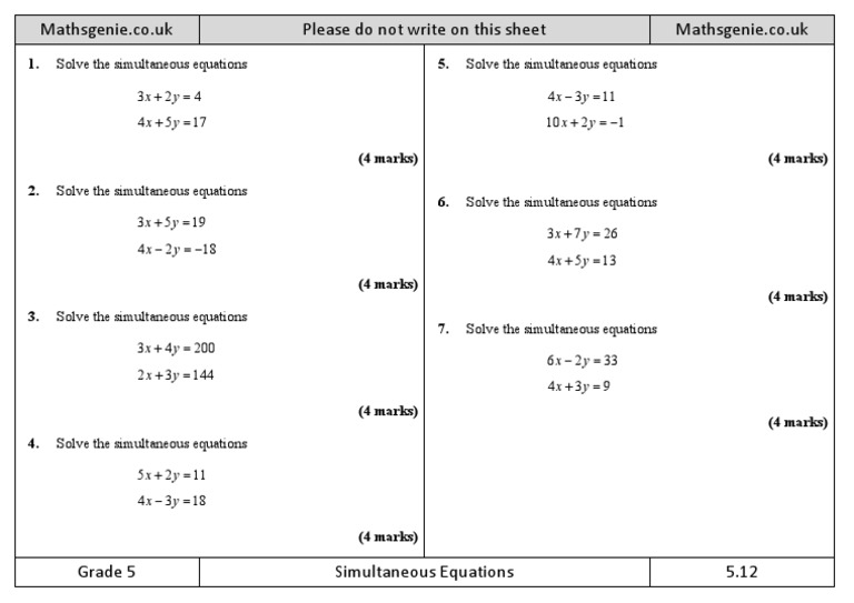Simultaneous Equations Worksheet Mathsgenie | Download Free PDF ...