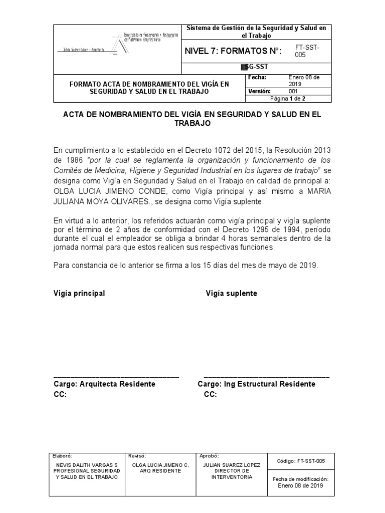 FT-SST-005 Formato Acta de Nombramiento Del Vigia en Seguridad y Salud en El Trabajo | PDF ...
