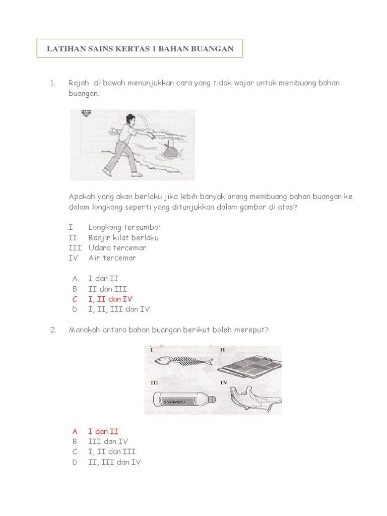 Jawapan LATIHAN SAINS KERTAS 1 BAHAN BUANGAN | PDF