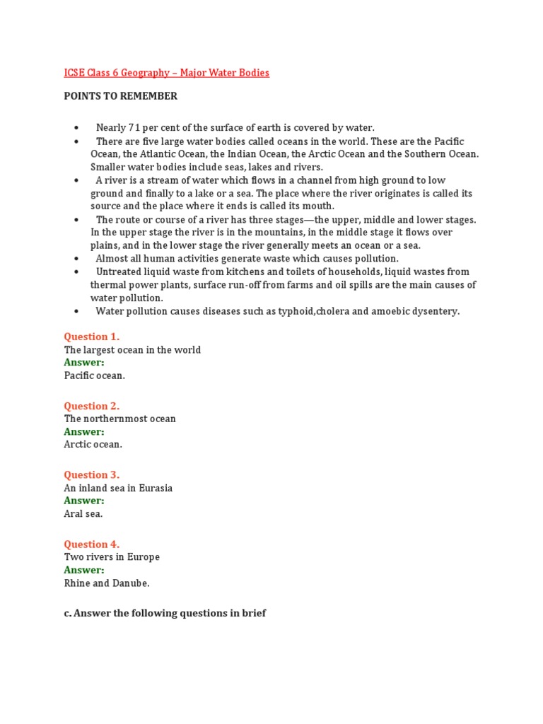 ICSE Class 6 Geography Major Water Bodies | PDF | River | Sea