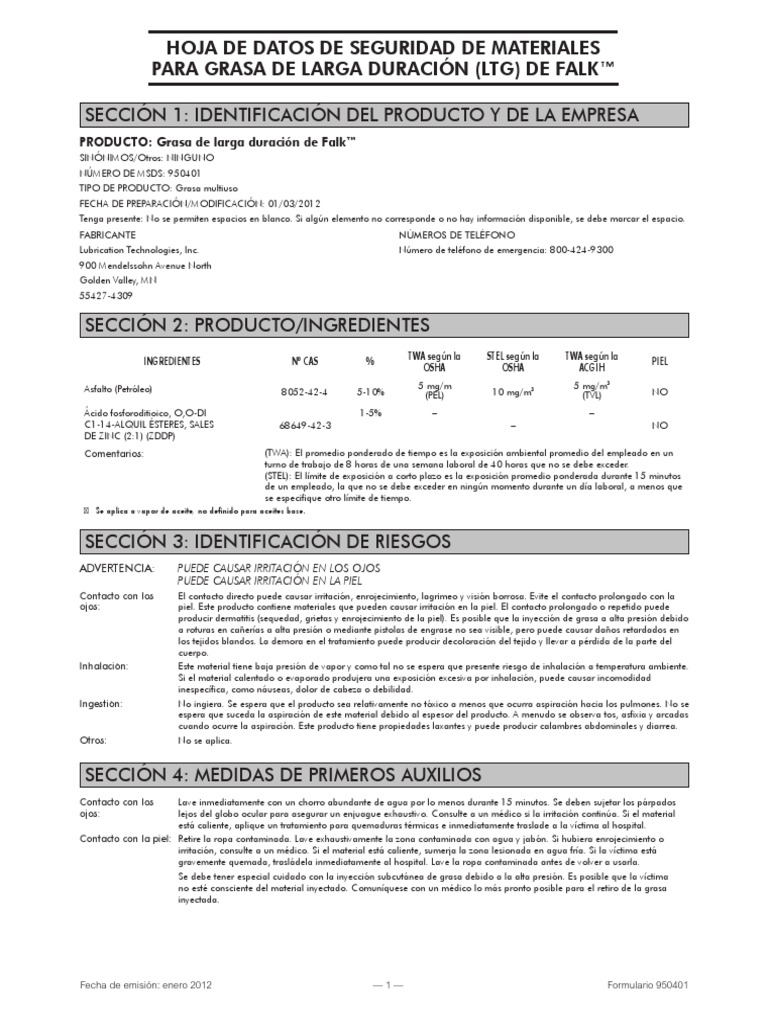 Grasa de Larga Duracion de Falk FDS | PDF | Residuos | Cáncer