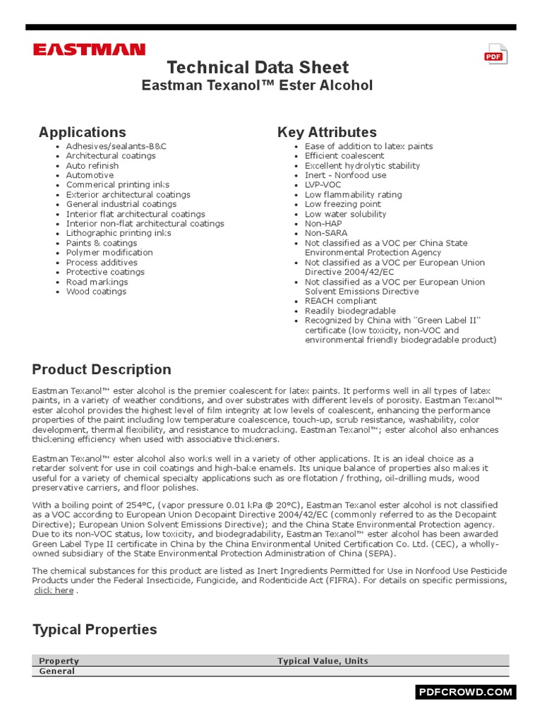 Technical Data Sheet: Eastman Texanol™ Ester Alcohol | PDF | Paint ...