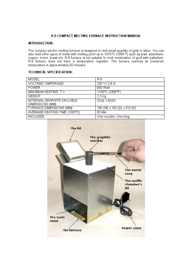 10 Oz Gold Furnace Instruction Manual | PDF | Furnace | Graphite