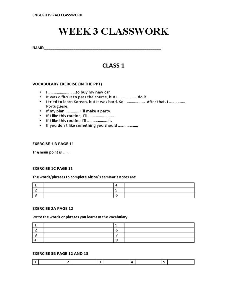 English IV Week 3 Classwork Exercises | PDF | Career & Growth ...