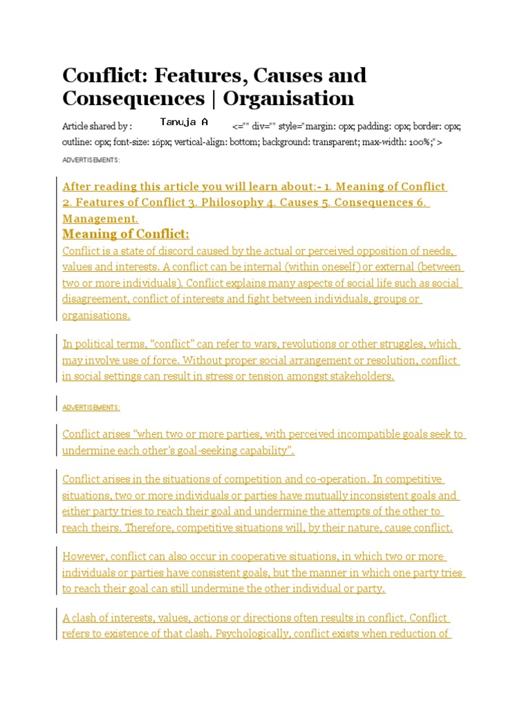 Conflict: Features, Causes and Consequences - Organisation | PDF | Goal ...