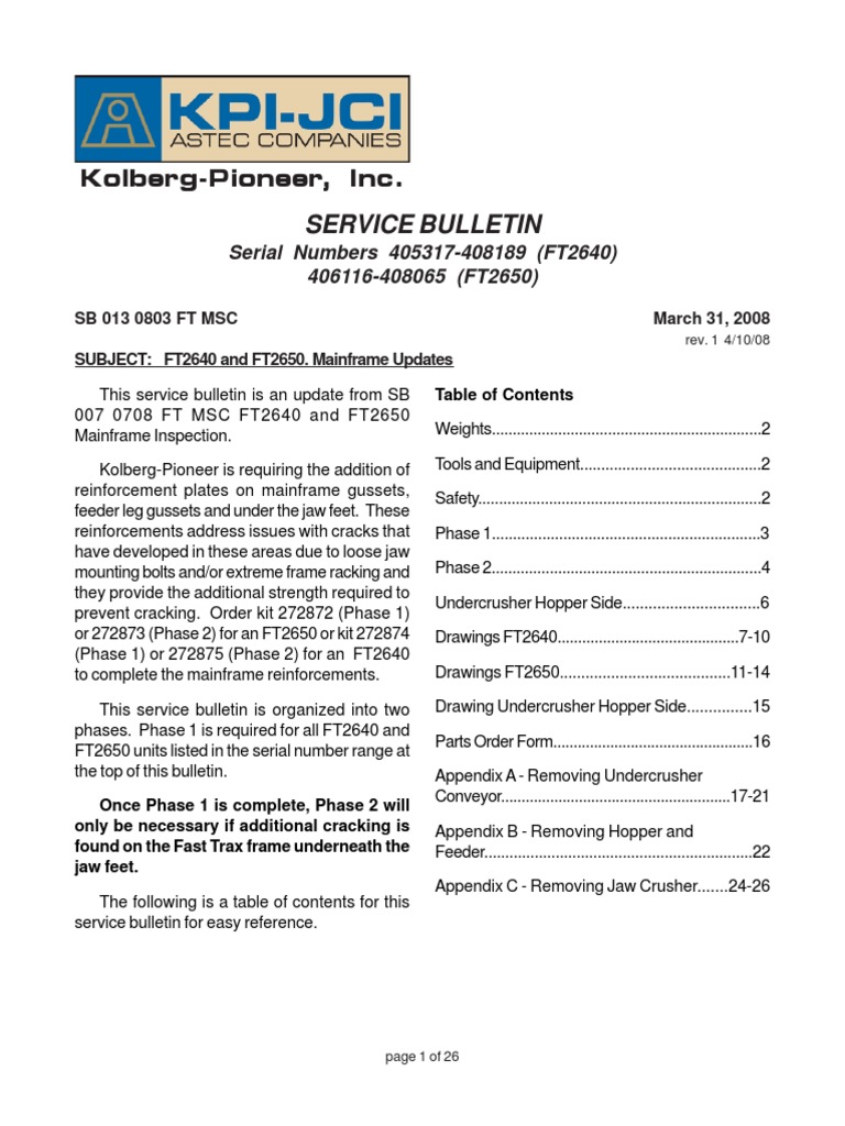 Service Bulletin: Kolberg-Pioneer, Inc | PDF | Screw | Machines
