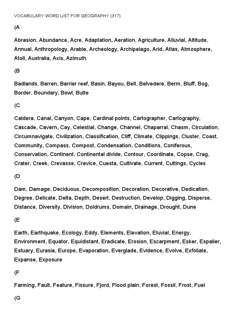 Geography Vocabulary Word List | PDF | Marsh | Canyon
