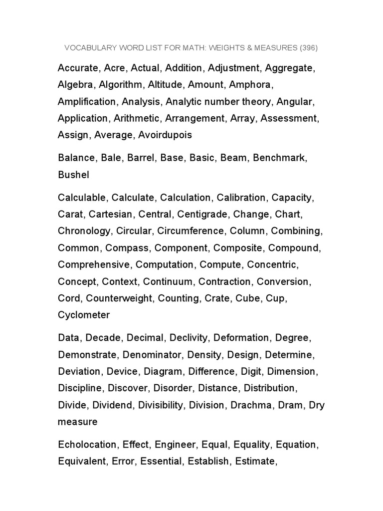 Math Vocabulary Word List: Weights & Measures | PDF | Numbers | Measurement