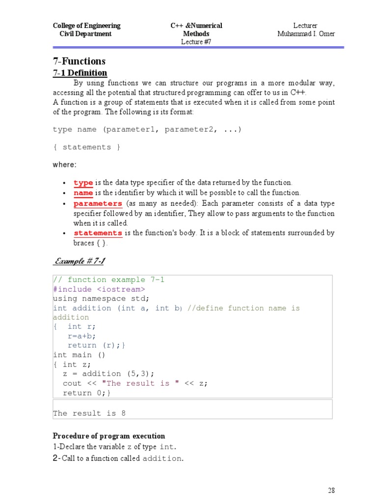 7 Functions 7 1 Definition Pdf Subroutine Parameter Computer Programming