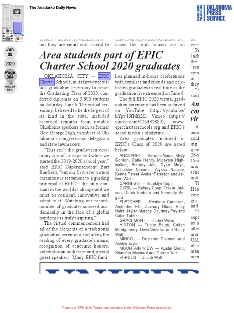 Area Students Part of EPIC Charter School 2020 Graduates: An Con Vir ...