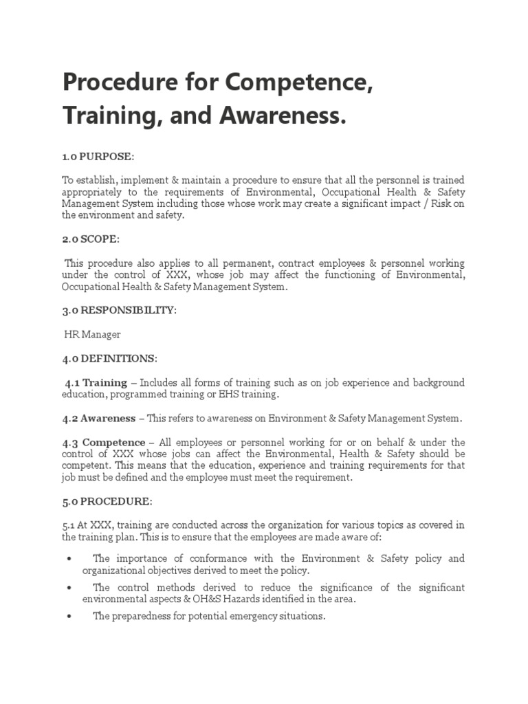 P2-Procedure For Competence, Training, and Awareness. | PDF ...
