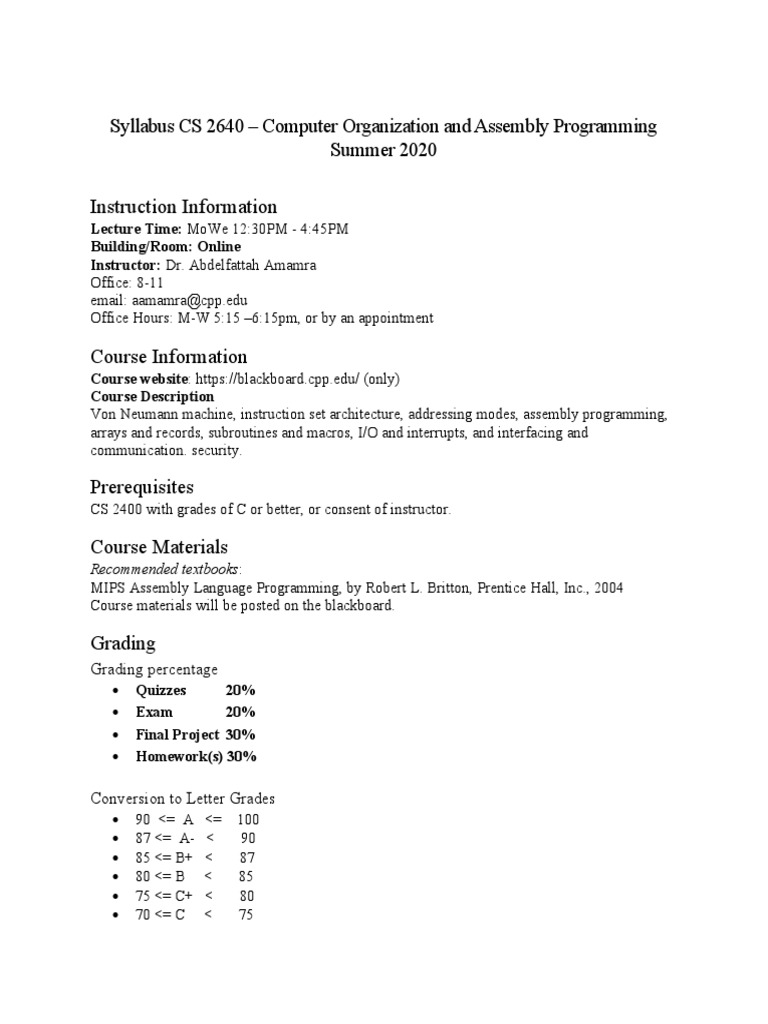 CS 2640 - Syllabus Summer 2020 | PDF | Academic Dishonesty | Computing