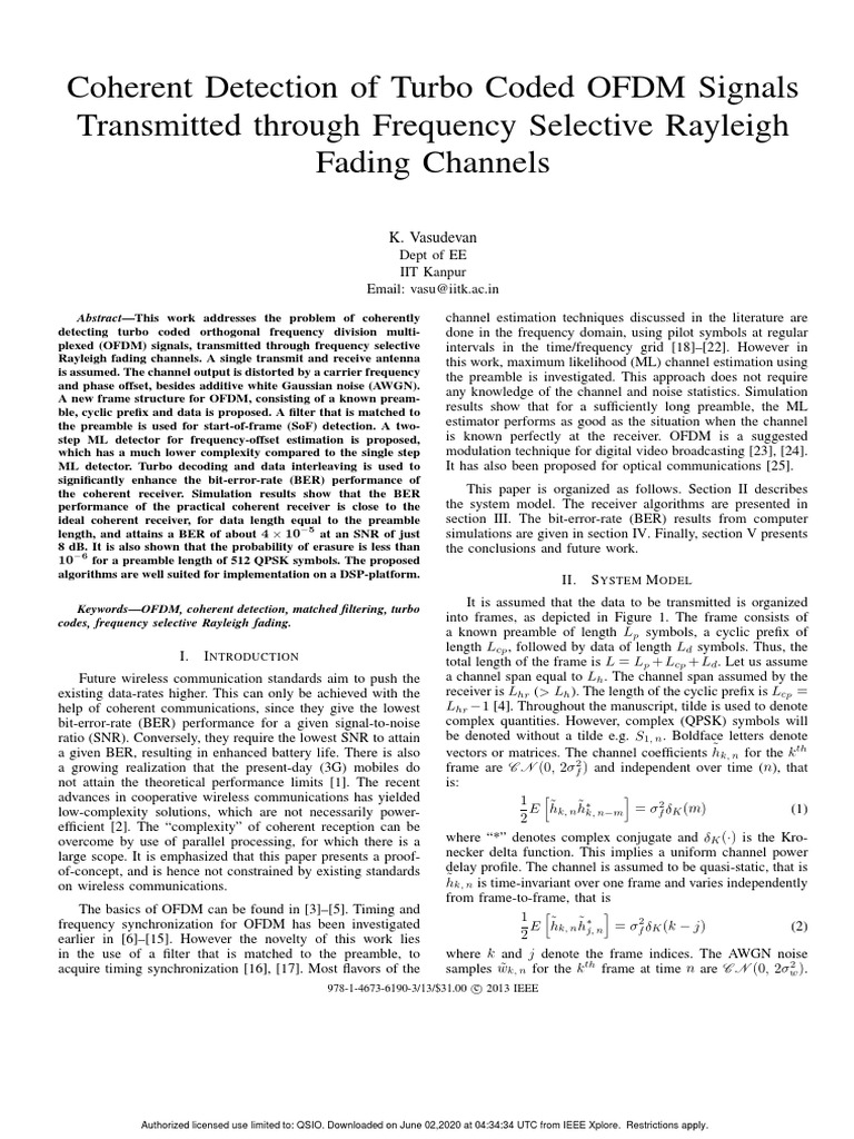 Coherent Detection of Turbo Coded OFDM Signals Transmitted Through Frequency Selective Rayleigh ...
