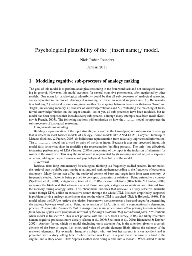 Psychological Plausibility of The ¡¡Insert Name¿¿ Model.: 1 Modeling Cognitive Sub-Processes of ...