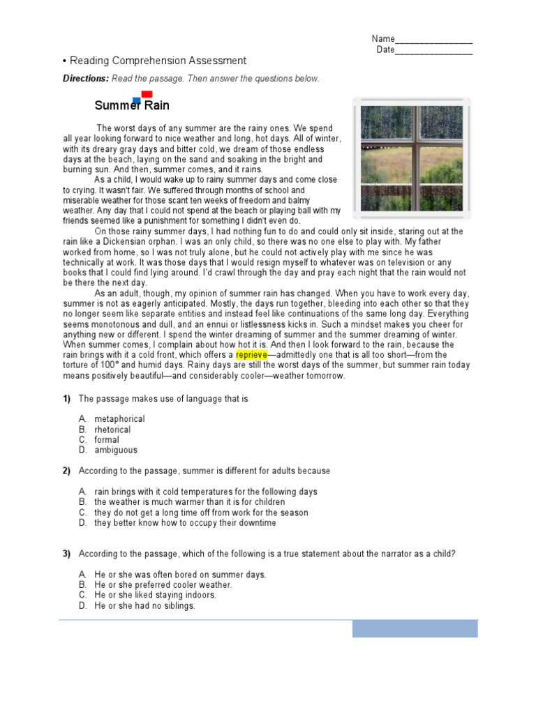 Summer Rain: - Reading Comprehension Assessment | PDF | Weather