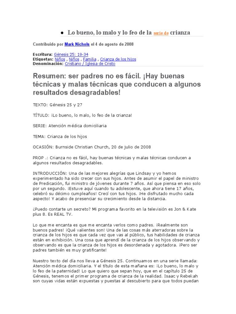 Génesis 25 (19-34lo Bueno, Lo Malo, Lo Feo de La Crianza! | PDF | Jacob ...