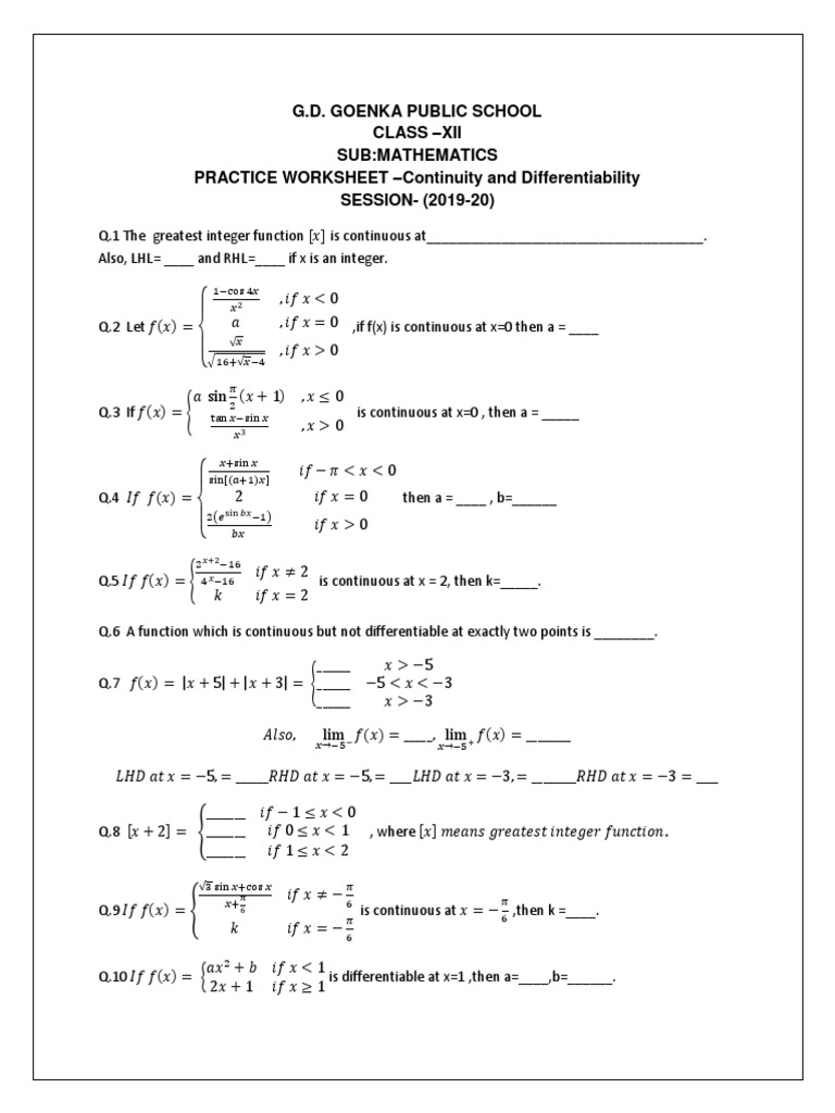 G.D. Goenka Public School Class - Xii Sub:Mathematics Practice Worksheet - Continuity and ...