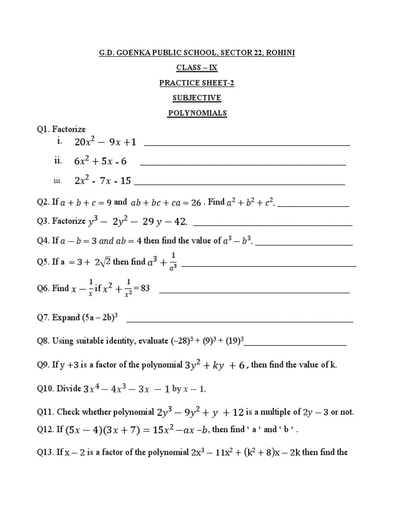G.D. Goenka Public School, Sector 22, Rohini Class - Ix Practice Sheet ...