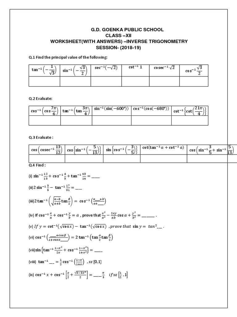 Inverse Trigonometric Functions Worksheet with Detailed Solutions | PDF ...