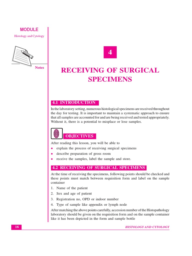 Receiving of Surgical Specimens: Notes | PDF | Histopathology | Histology