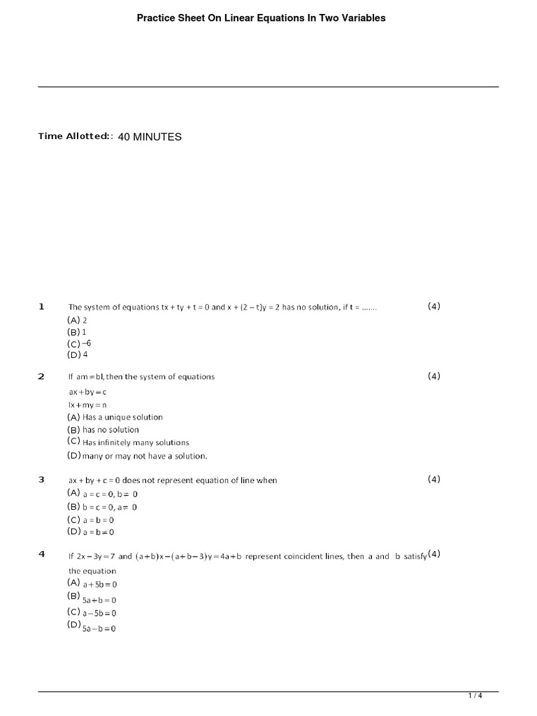 Linear Equation Practice Sheet | PDF | Equations | Teaching Mathematics