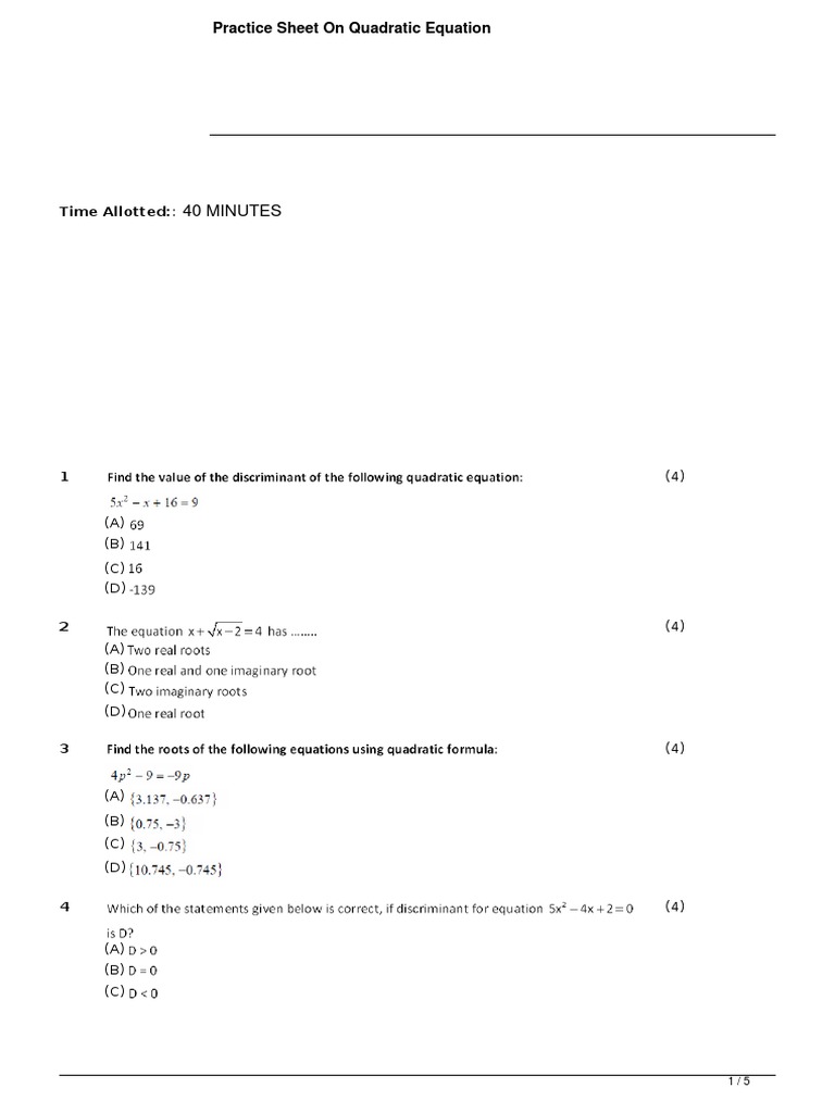 Quadratic Equation Practice Sheet | Download Free PDF | Mathematical ...