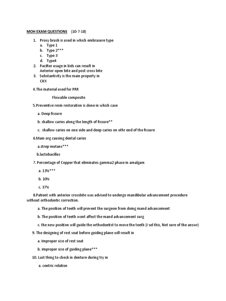 Moh Exam Questions (10-7-18) | PDF | Dentistry | Mouth
