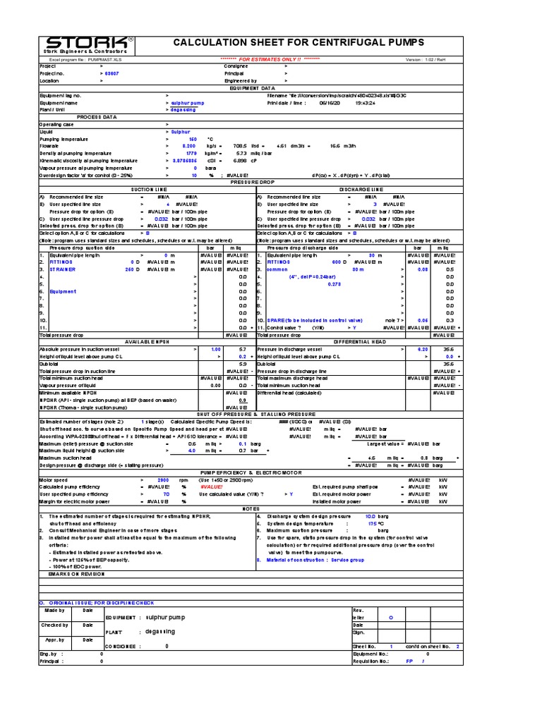 Centrifugal Pump Calculation Sheet | PDF | Pump | Engines