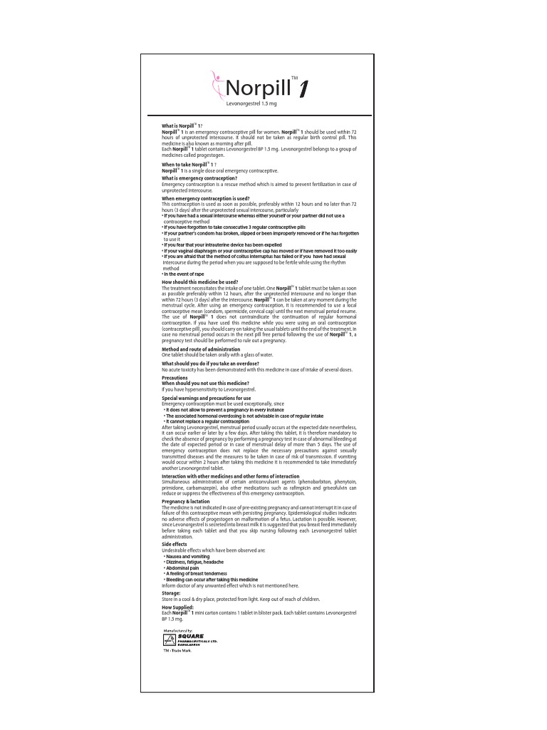 Norpill: Levonorgestrel 1.5 MG | PDF | Birth Control | Combined Oral ...