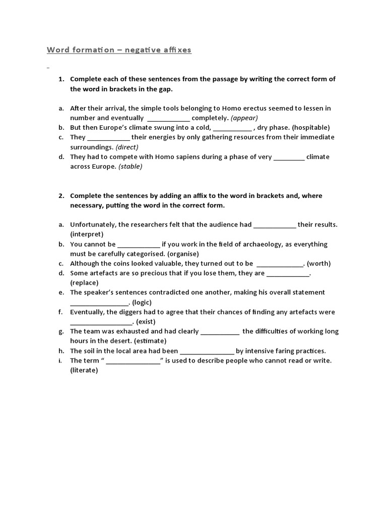 Word Formation - Negative Affixes Practice | PDF