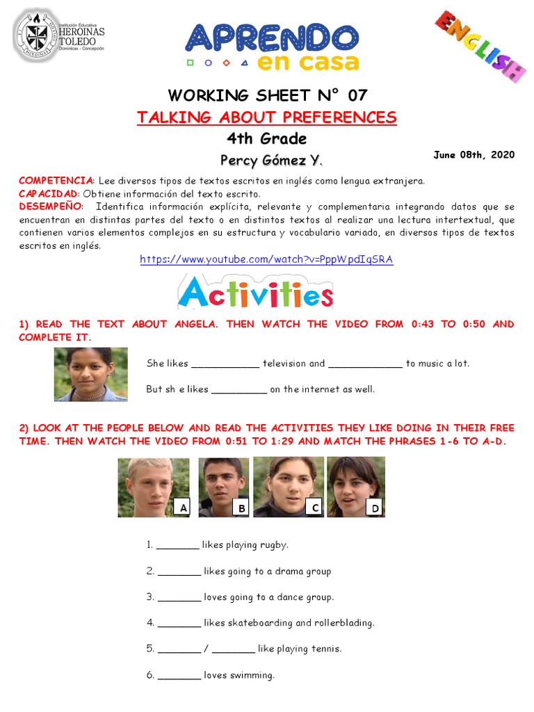 Talking About Preferences: Working Sheet #07 4th Grade | PDF