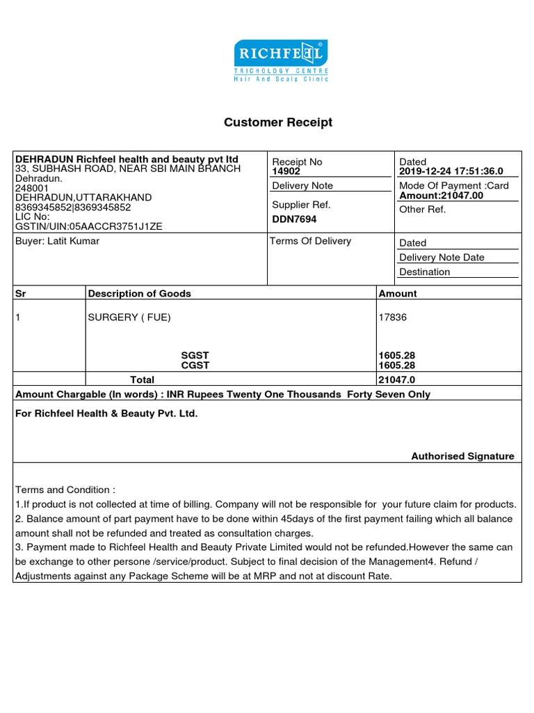 Customer Receipt for Hair Transplant Surgery and Payment by Card | PDF