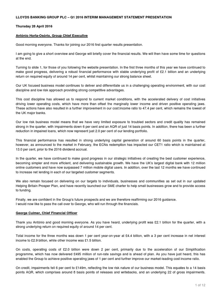 2016 LBG q1 Ims Transcript v2 | PDF | Loans | Banks