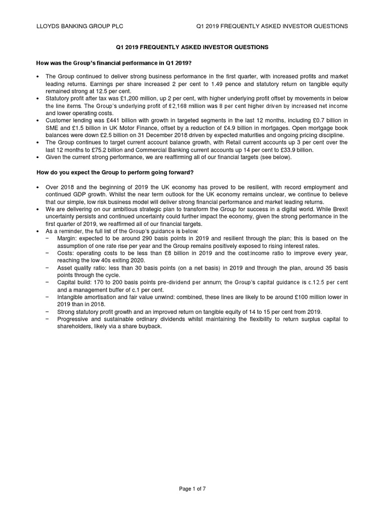 Lloyds Q1 2019 Investor FAQs | PDF | Share Repurchase | Sustainability