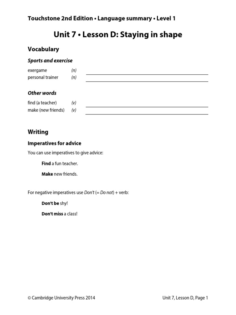 Unit 7 - Lesson D: Staying in Shape: Touchstone 2nd Edition - Language Summary - Level 1 | PDF