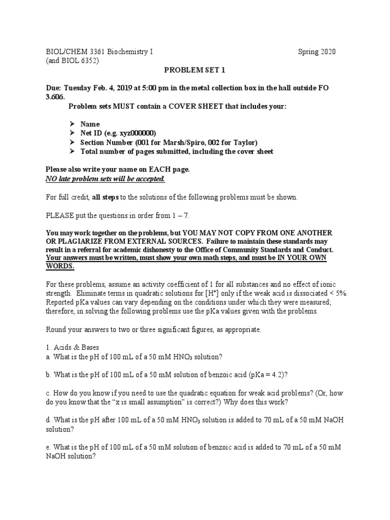Prob Set 1 | PDF | Acid Dissociation Constant | Ph