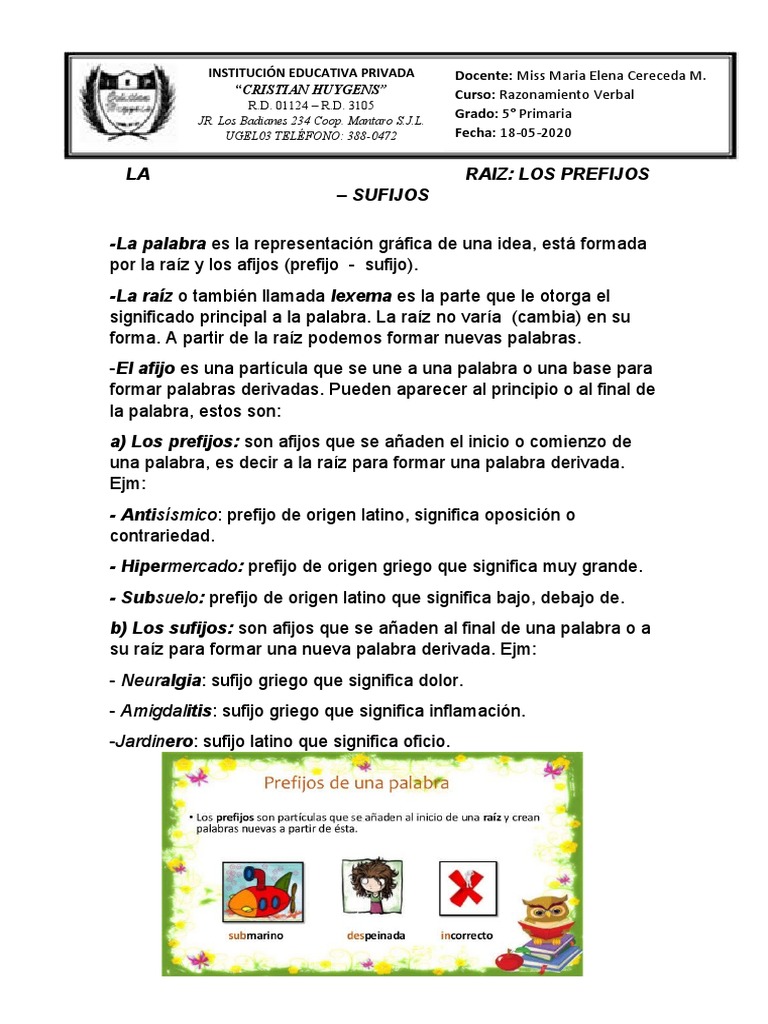 Raíz, prefijos y sufijos en palabras | PDF | Tipología Lingüística ...