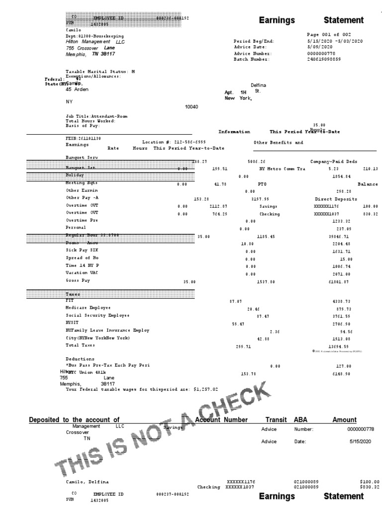 Earnings Statement: Hilton Management Lane TN 38117 Lane TN 38117 LLC ...