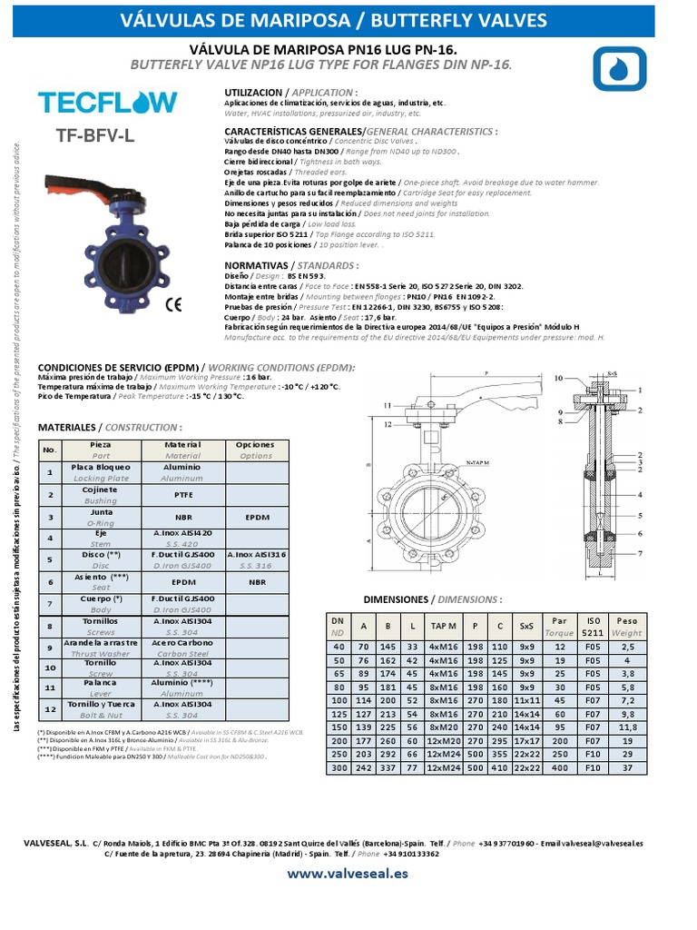 TecFlow TF BFV L Lug PN16 | PDF | Materiales | Química