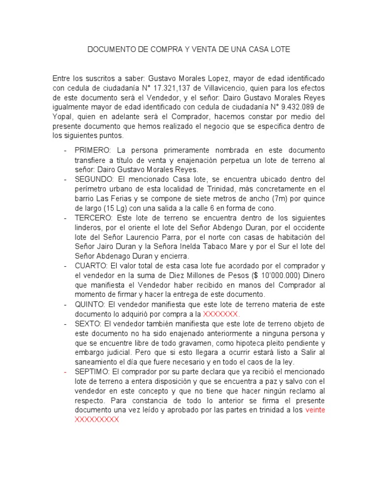 Documento de Compra y Venta de Una Casa Lote | PDF