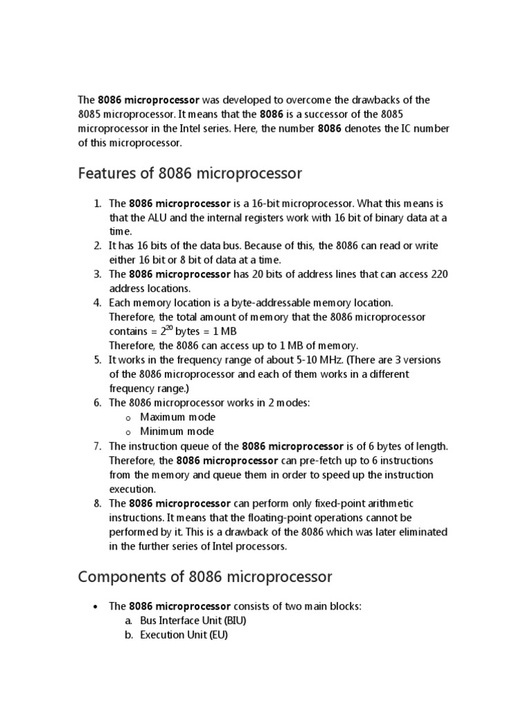 Features of 8086 Microprocessor | PDF | Central Processing Unit | Microprocessor